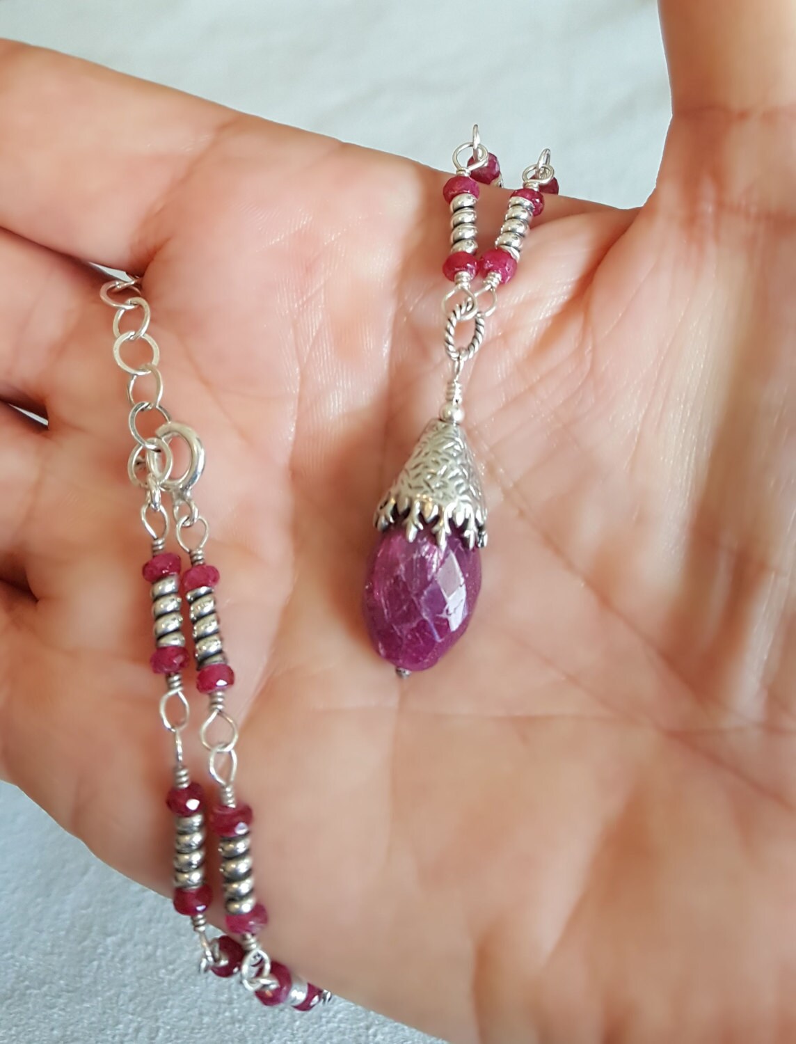 Ruby Nugget Pendant Necklace, Sterling Silver Wire Wrap Bali, Handmade ...