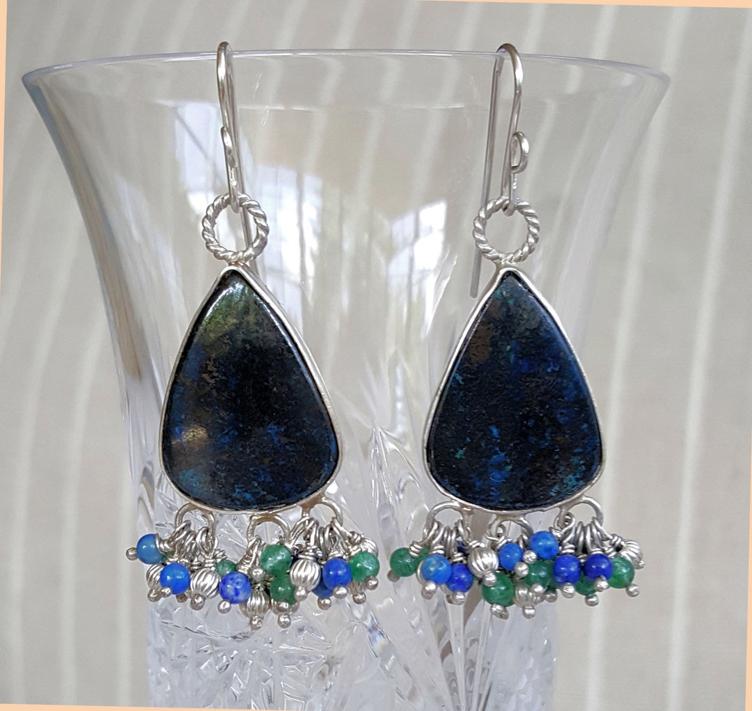 Deep Blue Azurite Drop Earrings, Aventurine Lapis Clusters, Sterling ...