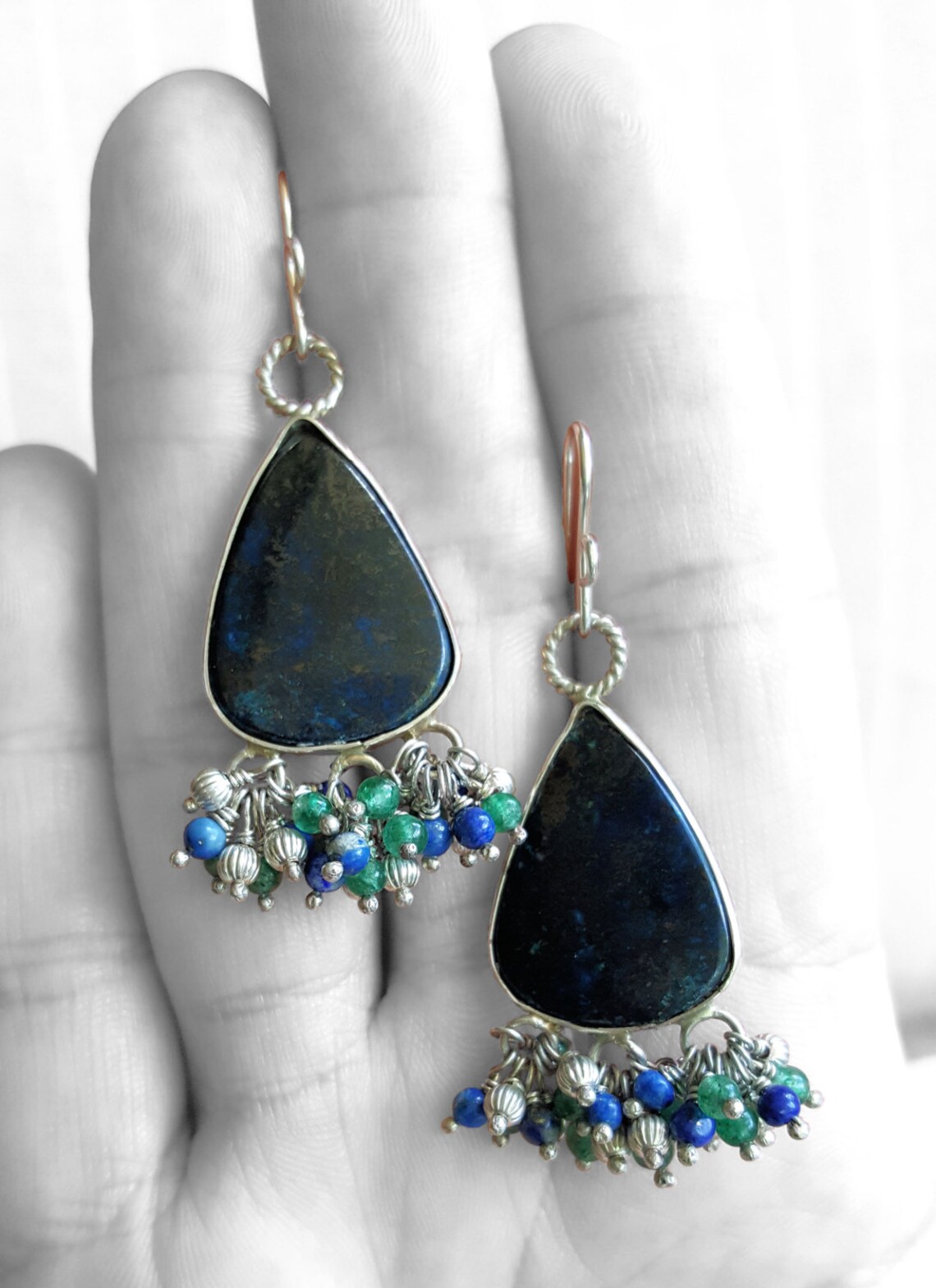 Deep Blue Azurite Drop Earrings, Aventurine Lapis Clusters, Sterling ...
