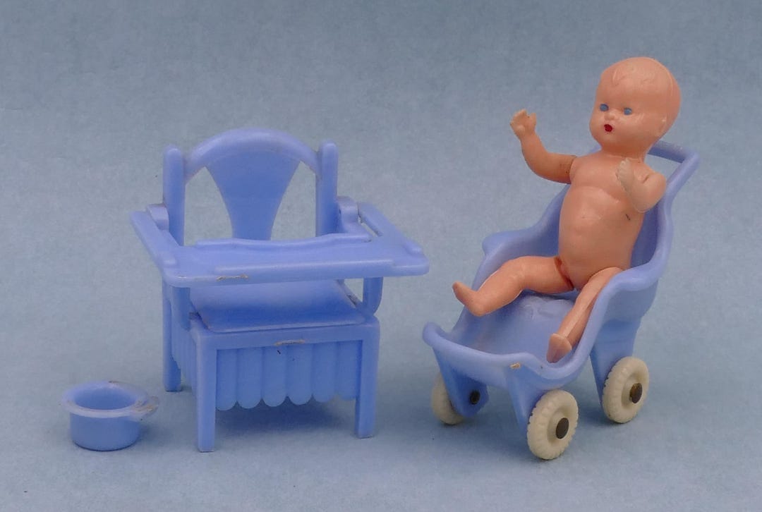 Vintage 1950's Dollhouse Baby Nursery Room Furniture ACME Baby Stroller ...
