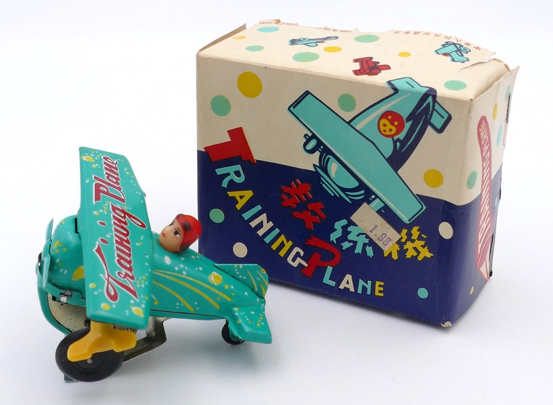 1960's Tin Litho Wind-up Clockwork 'training Plane' Mechanical Toy ...