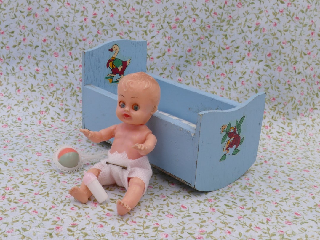 Vintage 1960's Wooden Toy Doll Cradle Cot PLUS Molded Hair Sleepy Eyed ...