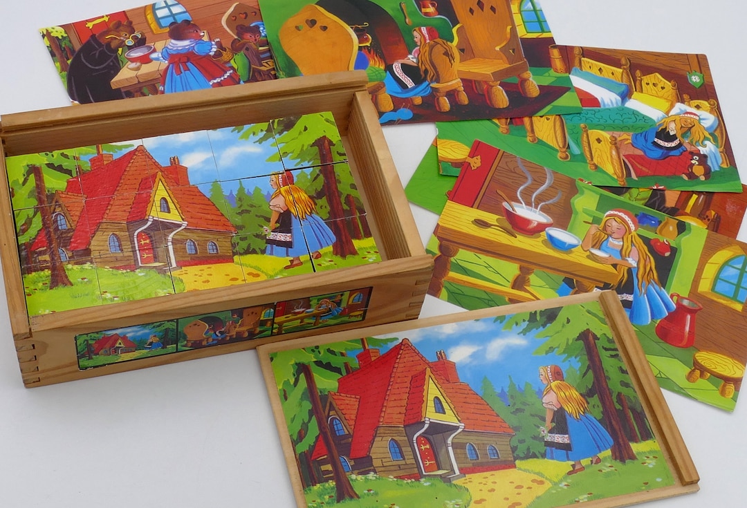 1980's Children's Six Sided Wooden Block Puzzle Cube Puzzle Goldilocks ...