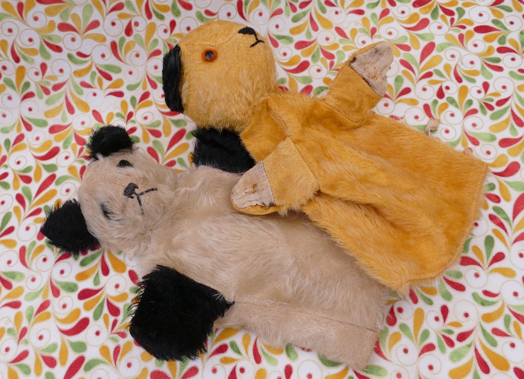 Vintage 1950's Mohair Sooty and Soo Panda Bear Hand Puppets Chad Valley ...