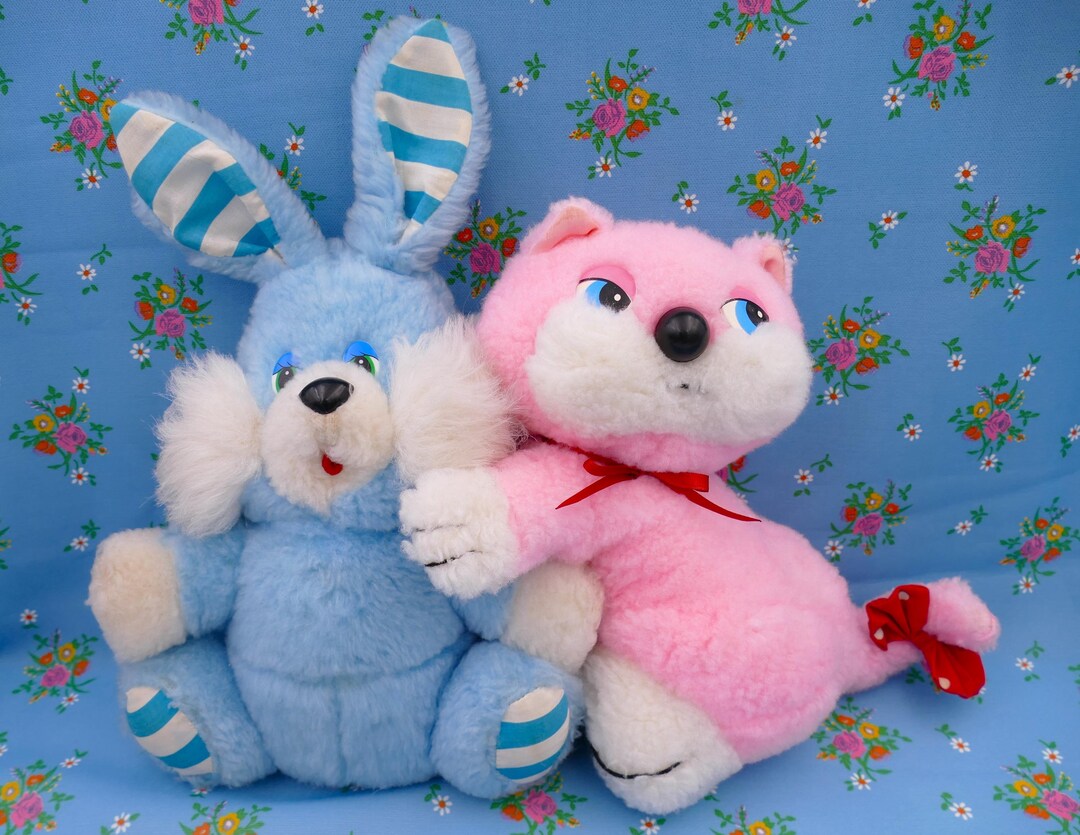 Pair of Vintage Pink Blue Bunny Rabbit Cat Plush Soft Toys Bambi Toy ...