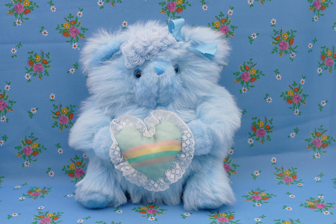 Vintage Baby Blue Teddy Bear Plush Soft Toy Yarn Hair Rainbow Heart Ark ...