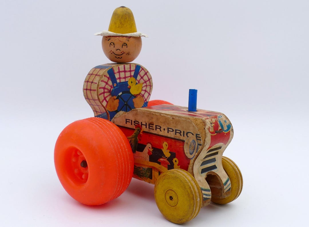 Vintage 1965 Fisher Price Mighty Tractor Pull Along Toy USA - Etsy