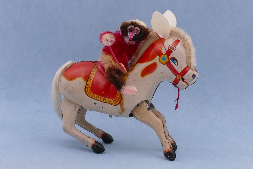 1960's Tin Litho Tinplate Lithographed Wind-up Clockwork 'monkey Riding ...