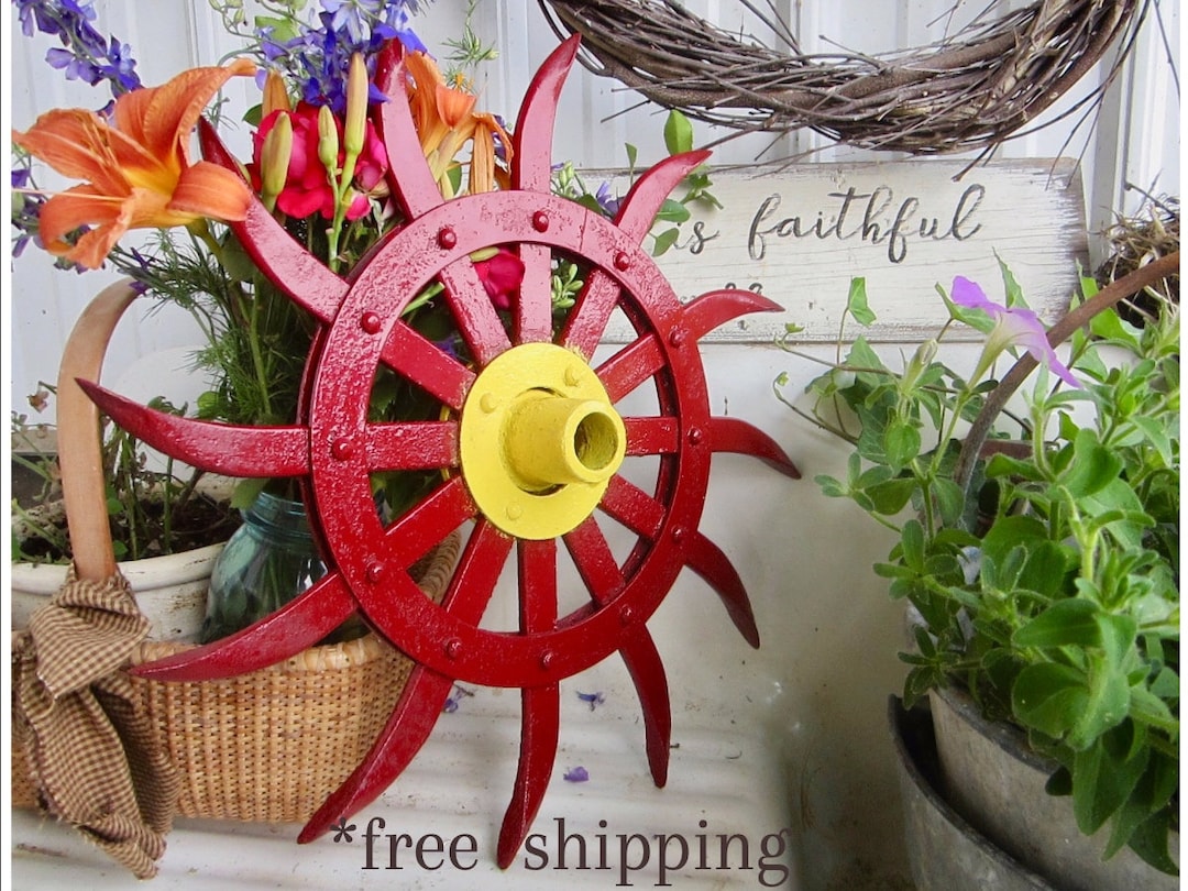 Tractor Yard Art, Steel Spike Wheel, Red and Yellow Flower Garden Decor ...