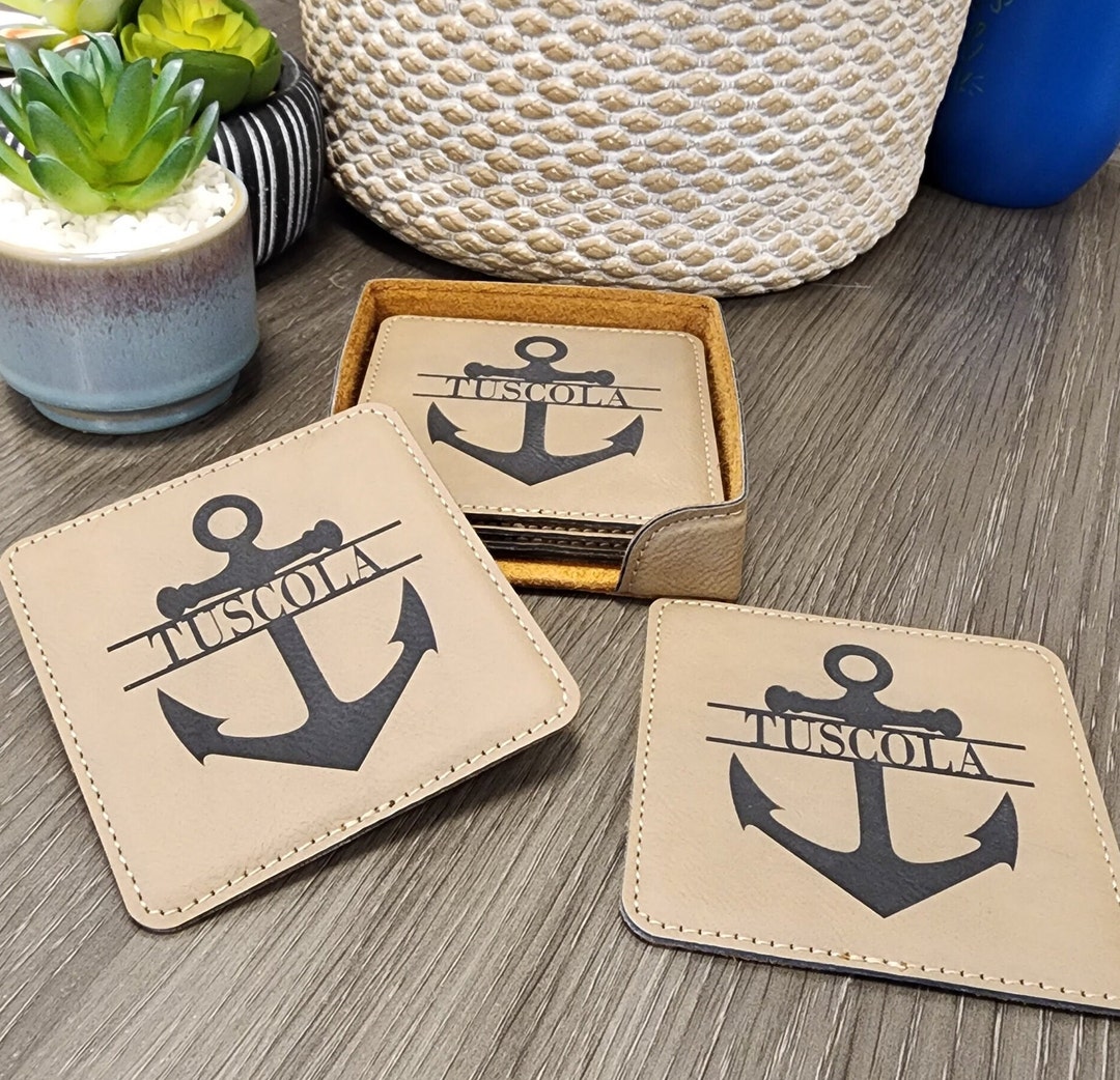Personalized Nautical Light Brown Coaster Set of 6 With Holder, Last ...