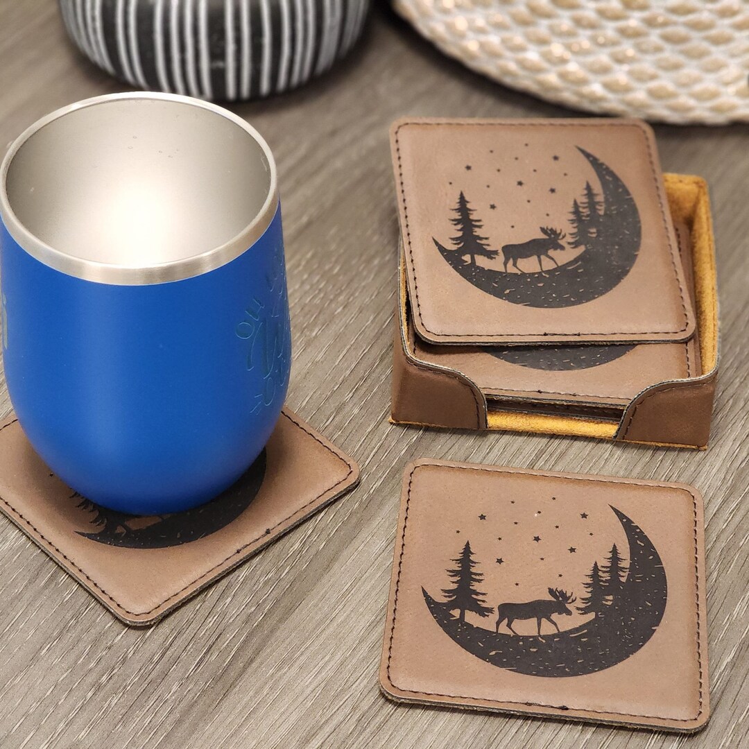 Dark Brown Leather Mountain Ski Cabin Moose Coasters Set of 6 With ...