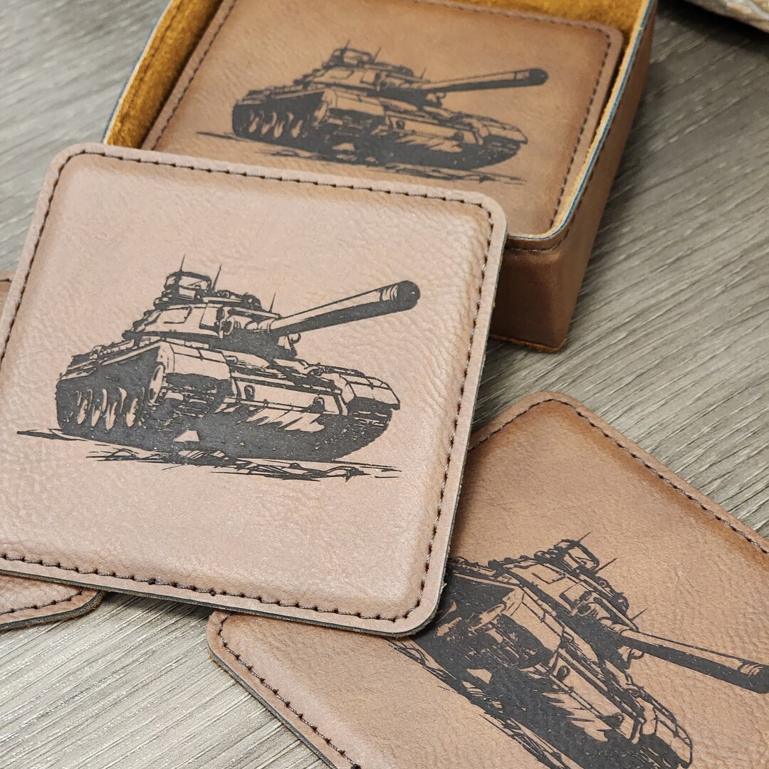 Dark Brown Military Tank Leather Coaster Set of 6 With Holder, Military ...
