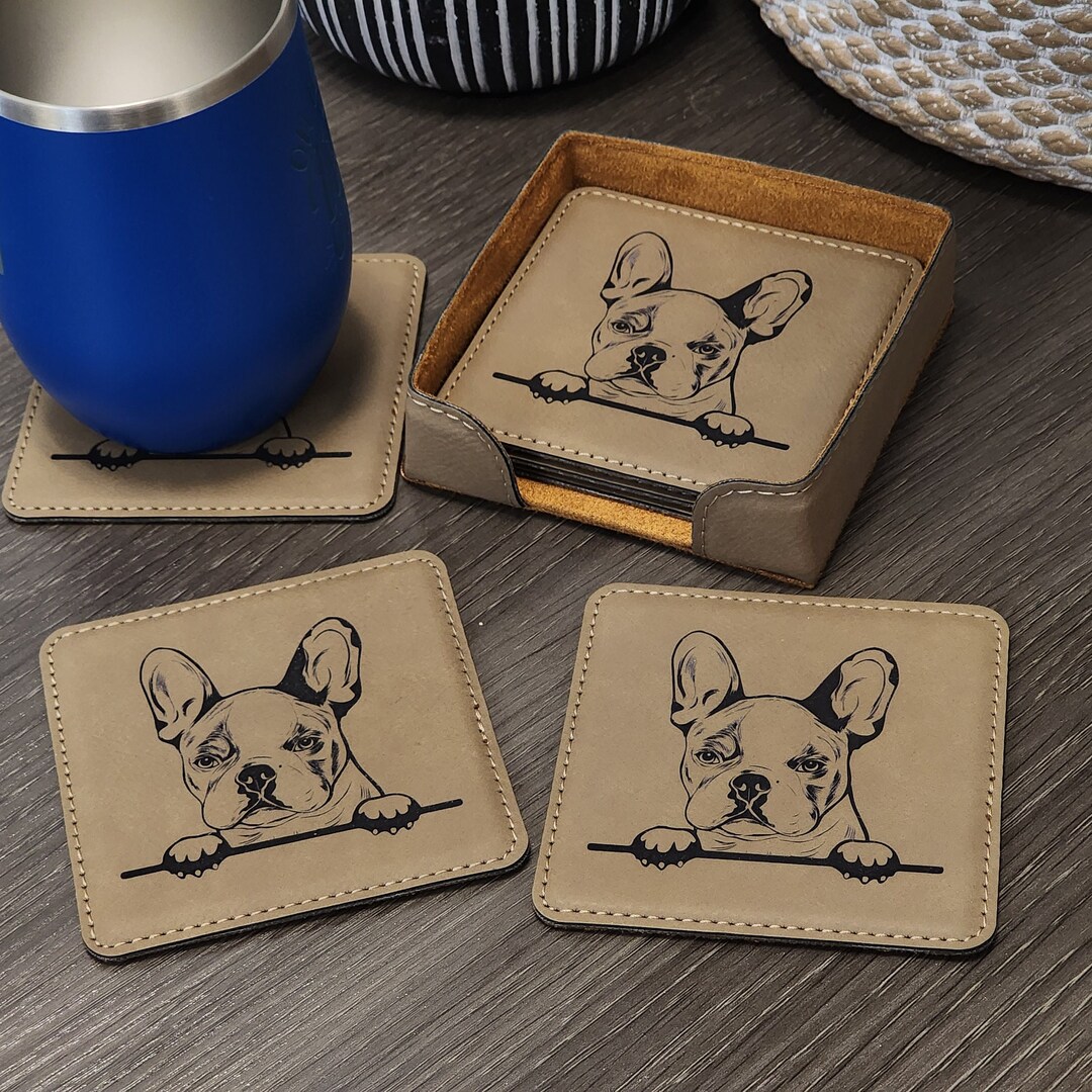 French Bulldog Light Brown Leather Coaster Set of 6 W/ Holder, Frenchie ...