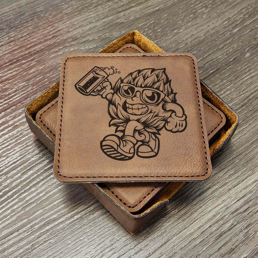 Good Time Hops Beer Drinker Mascot Leather Coasters, Beer Gifts, Man ...