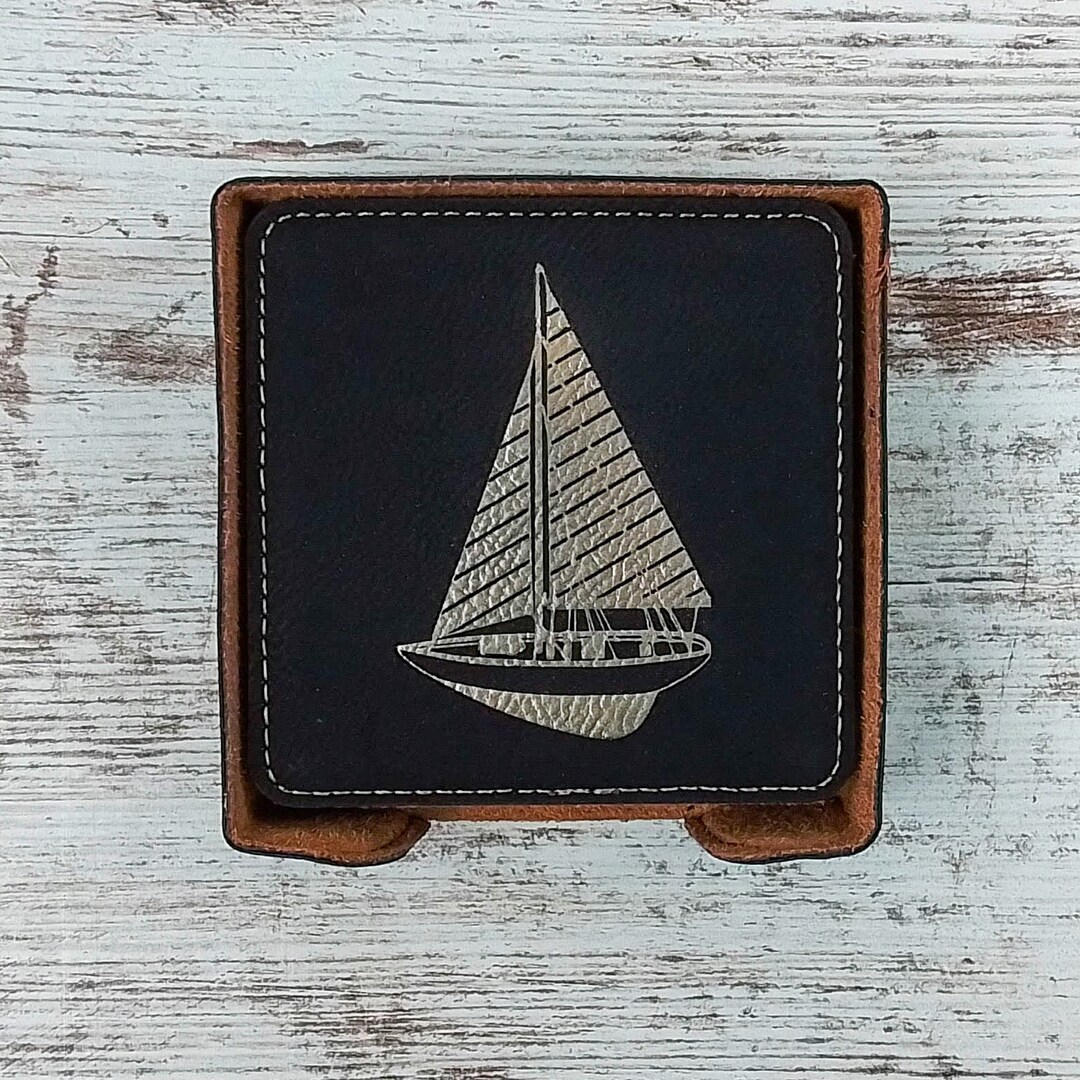 Black Leatherette Sailboat Nautical Coasters, Sailing Gifts, Sail Boat ...