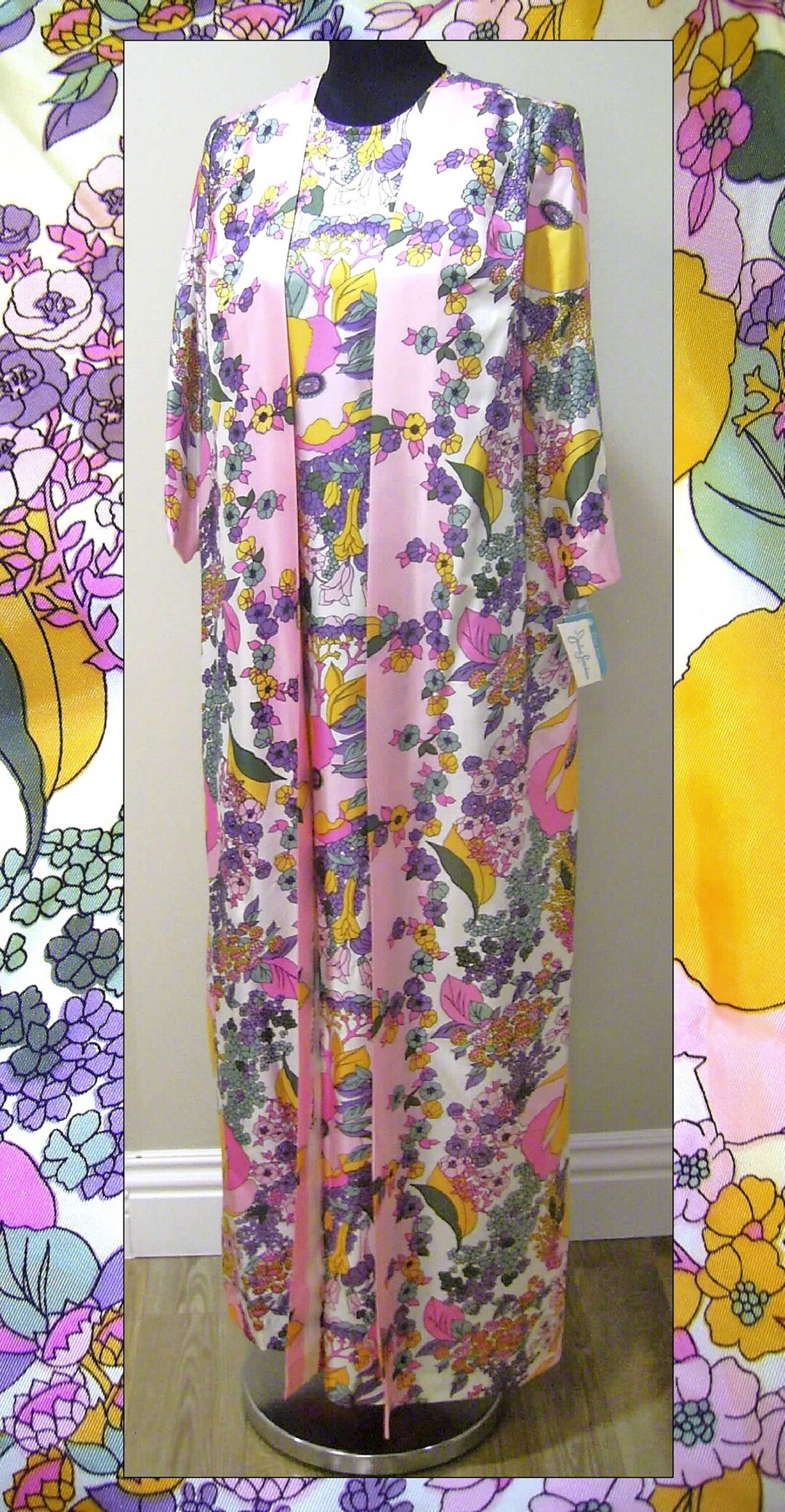 Vintage 60s DIANA DEAN Julius Lonschein Flower Power CAFTAN Wrap Robe ...