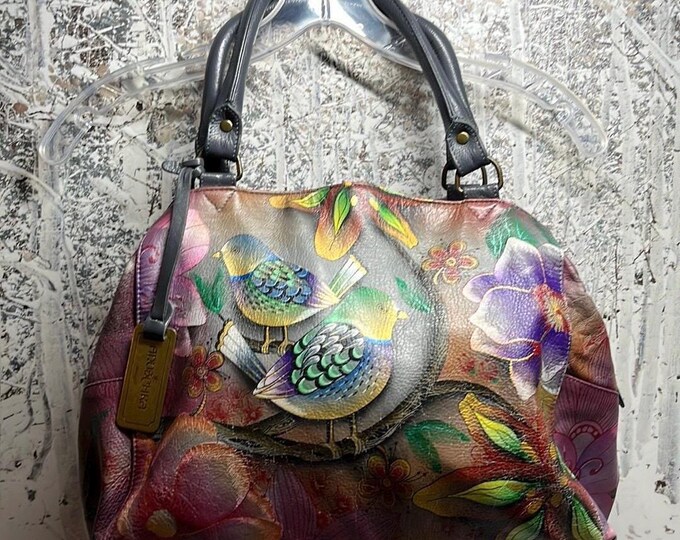Anuschka Hand Painted Leather Purse Pockets Zippers, Handles ...