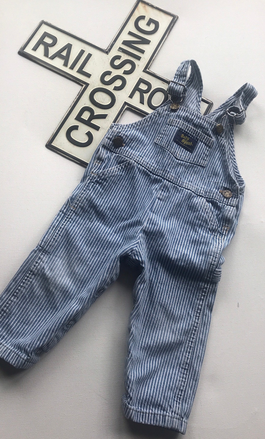 Oshkosh 18 Month Conductor Train Blue and White Striped Overalls,made ...