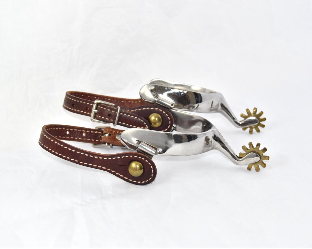 Vintage Chrome Western Riding Spurs: Brass Rowel & Brown Leather Straps ...