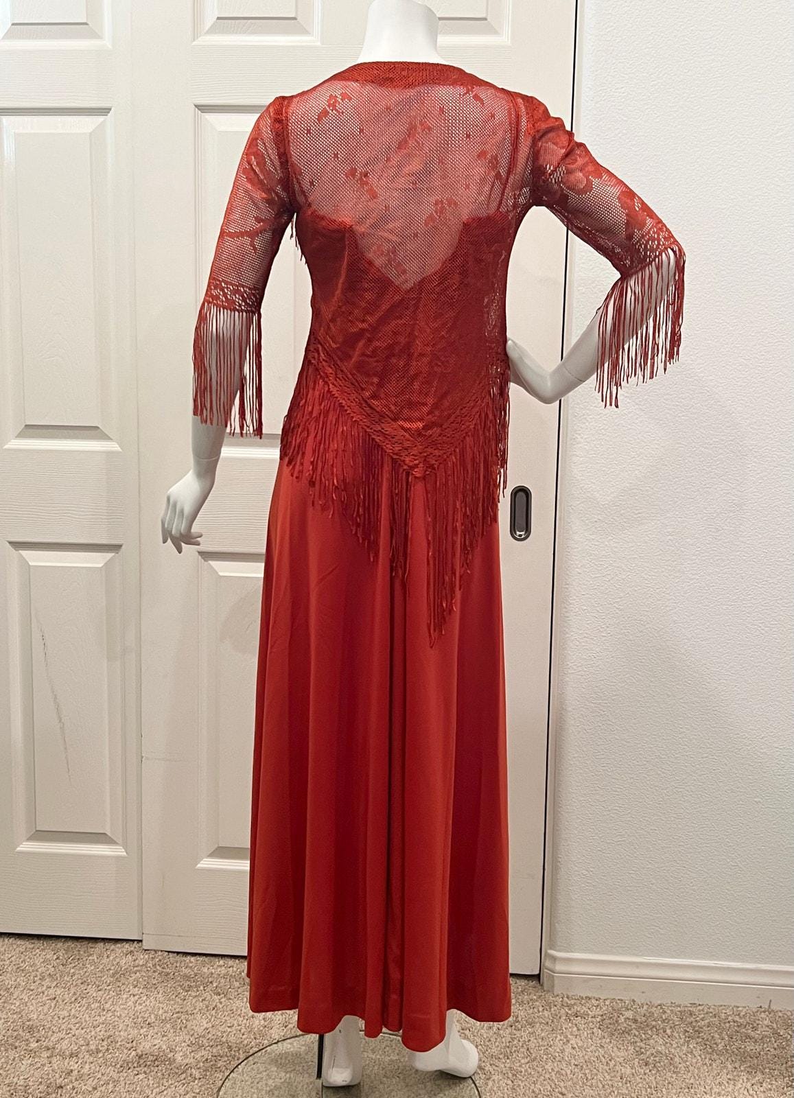 Vintage 70s Rust Disco / 1970s Fringe Dress / Strappy Polyester Evening ...