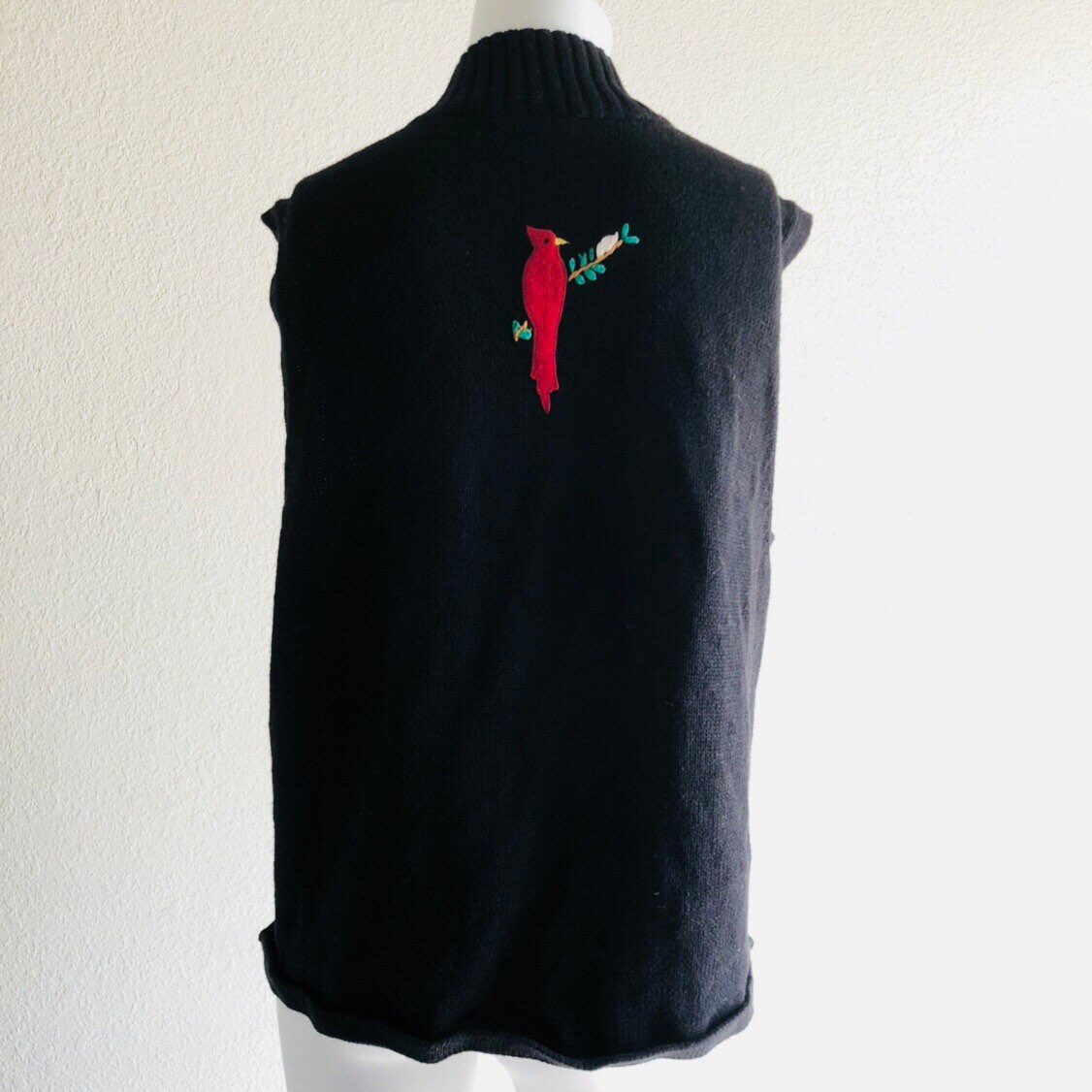 Erika Black and Red Cardinal Bird Zip up Sleeveless Sweater Vest Size ...