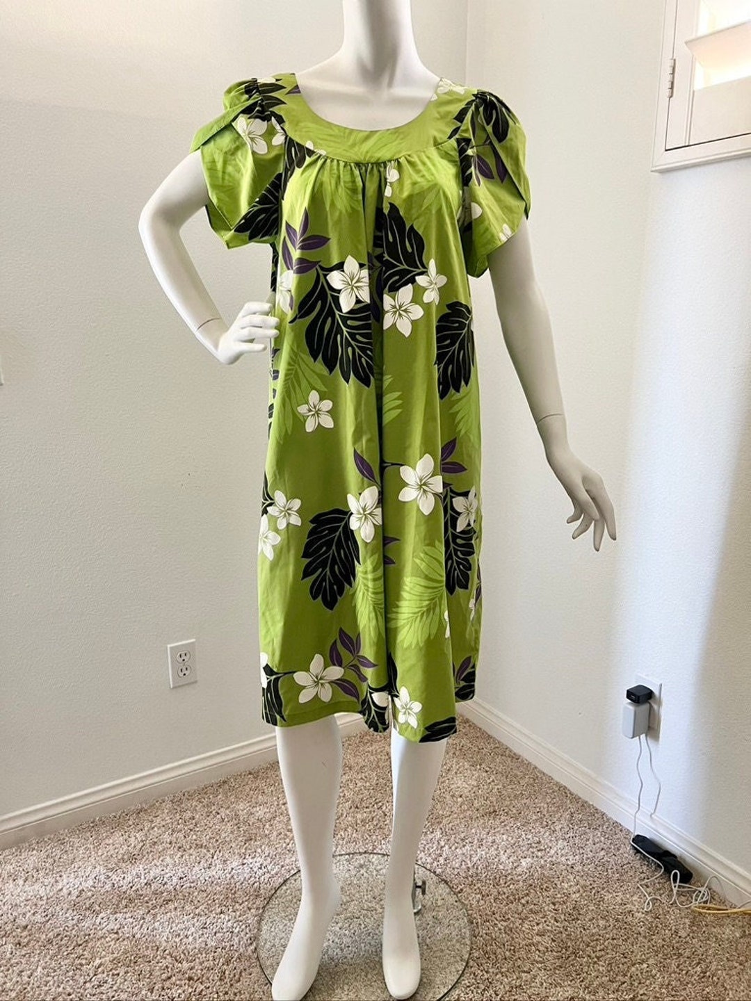 Vintage 80s Green Black White Floral / 1980s Hawaiian Reserve Collection / Midi Muumuu Dress ...