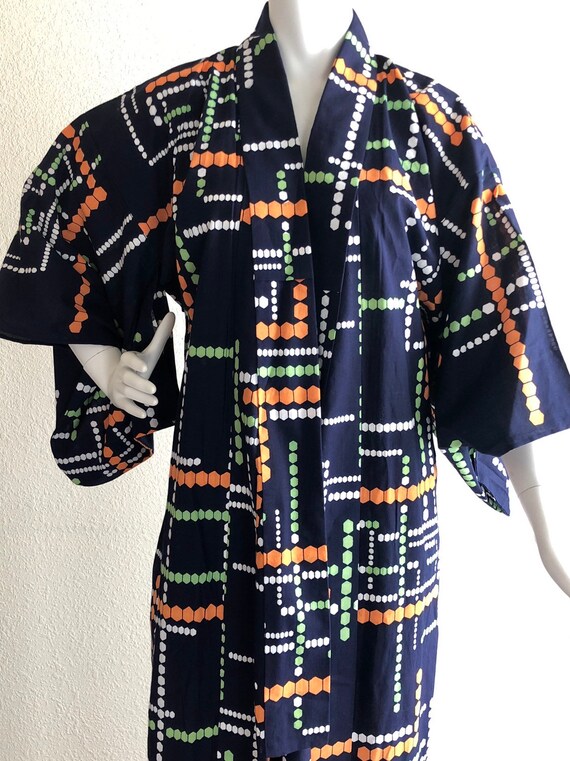 Blue Orange Geometric Full length Kimono House Robe - Gem