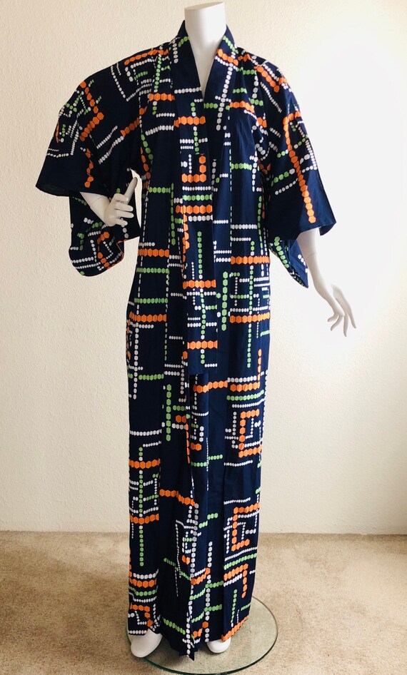 Blue Orange Geometric Full length Kimono House Robe - Gem