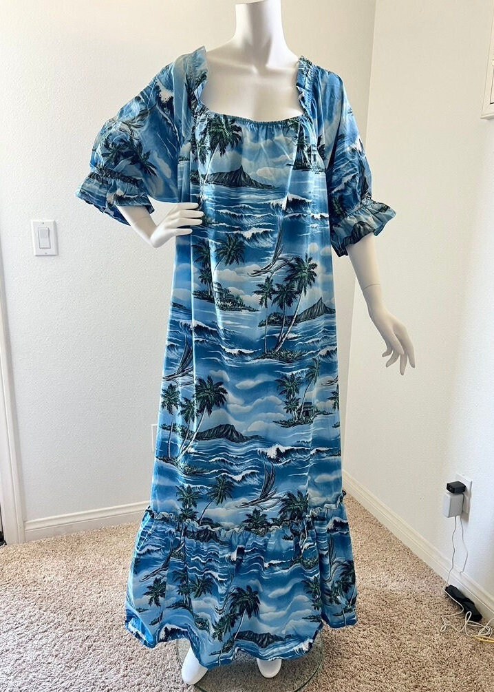 Vintage 80s Blue Floral / 1980s Hilo Hattie / Hawaiian Muumuu Floral ...