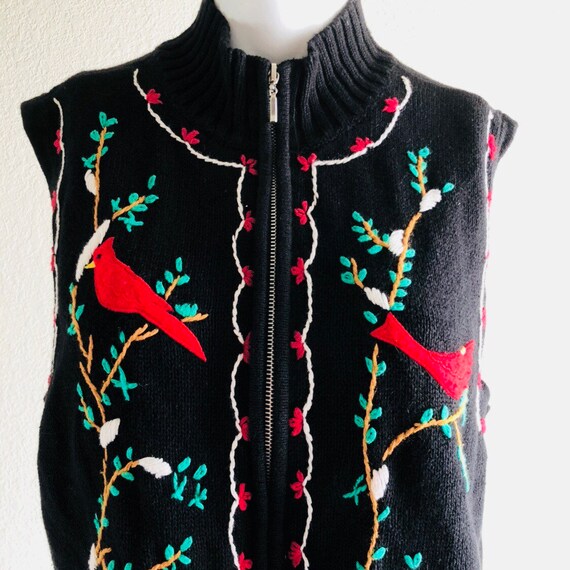Erika Black and Red Cardinal Bird Zip Up Sleeveless S… - Gem