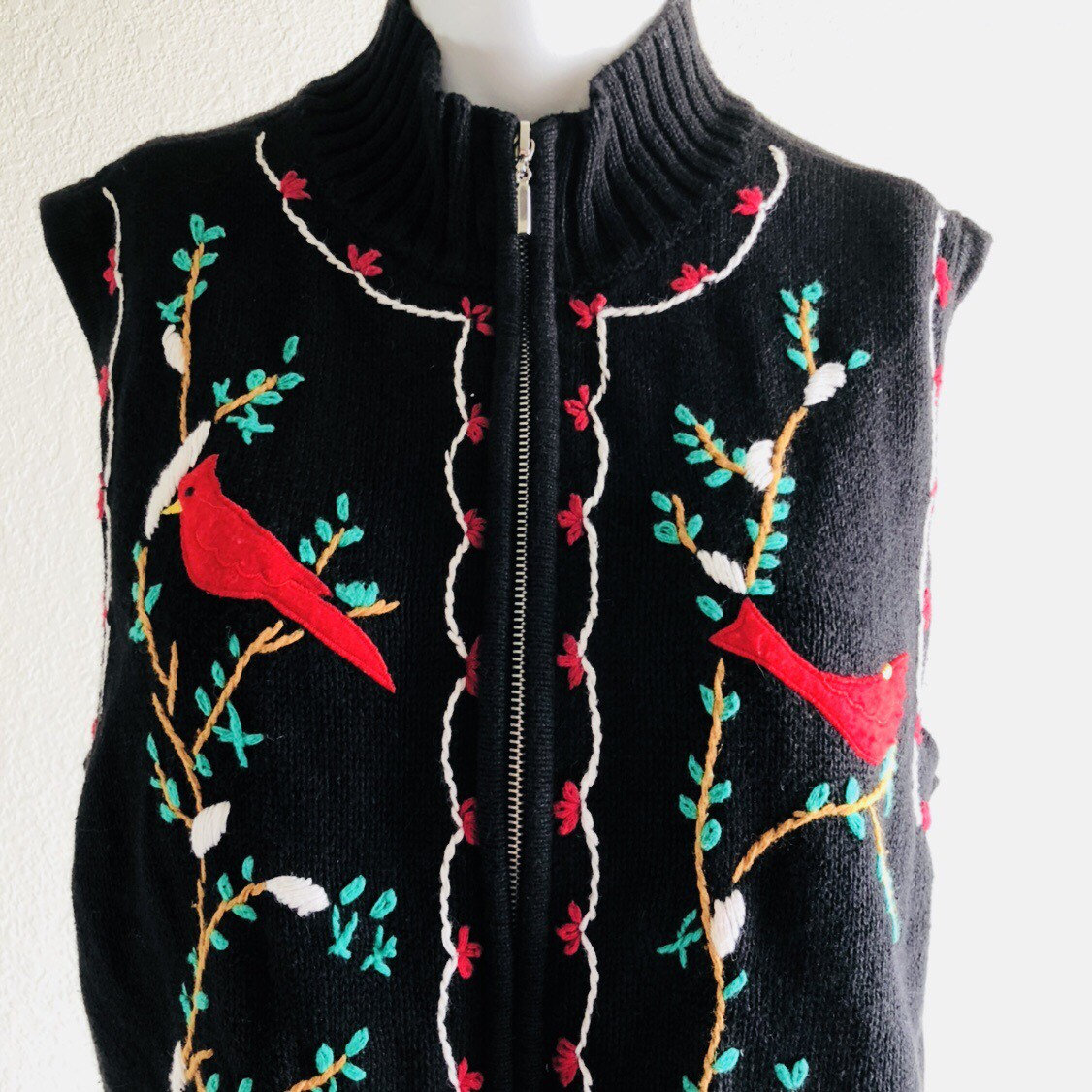 Erika Black and Red Cardinal Bird Zip up Sleeveless Sweater Vest Size ...