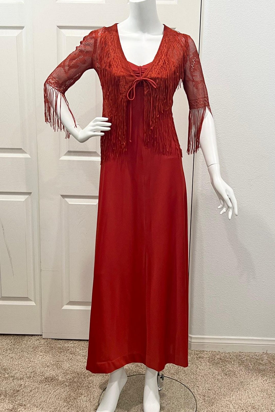 Vintage 70s Rust Disco / 1970s Fringe Dress / Strappy Polyester Evening ...