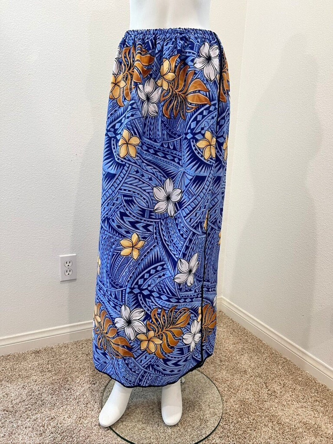 90s Blue Floral Tribal / Samoa Puletasi Skirt / Islander Tiki Luau ...