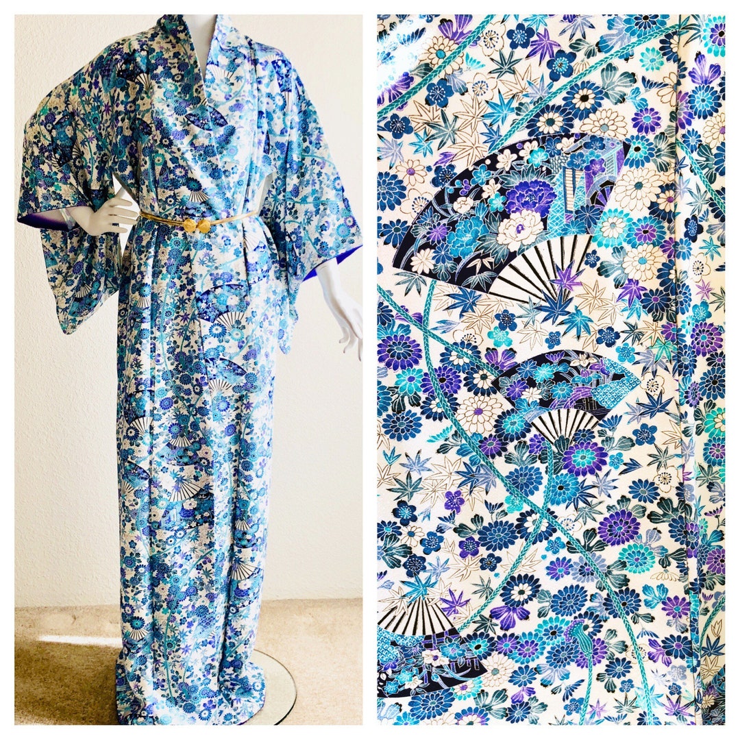Vintage Japanese Blue Lucky Fans and Flower Design Silk Kimono One Size ...