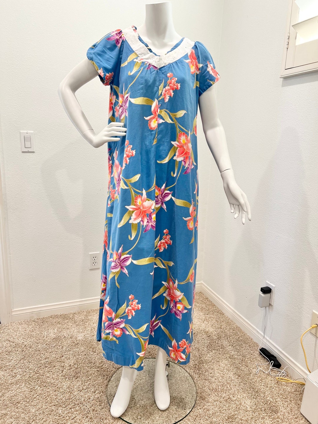 Vintage 80s Blue Floral Hibiscus / 1980s Hawaiian Muumuu / Summer Luau ...