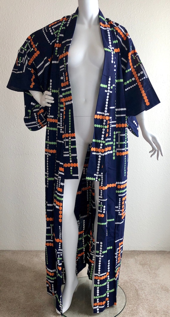 Blue Orange Geometric Full length Kimono House Robe - Gem