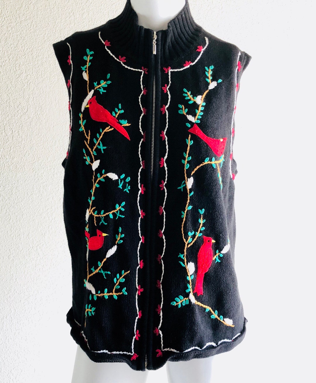 Erika Black and Red Cardinal Bird Zip up Sleeveless Sweater Vest Size ...