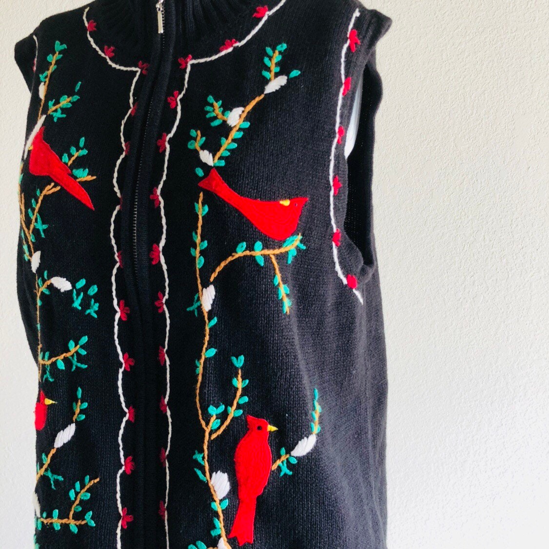 Erika Black and Red Cardinal Bird Zip up Sleeveless Sweater Vest Size ...