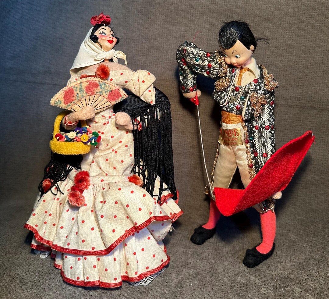 2 Vintage Klumpe Roldan 1950’s Felt Cloth Doll Spanish Dancer & Matador ...