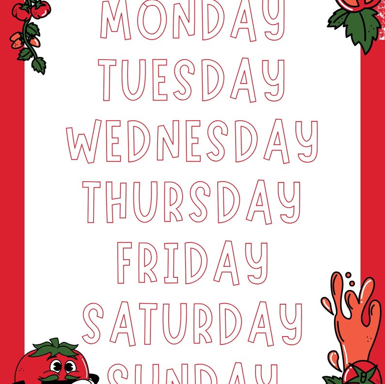 Tomato Themed Days of the Week Coloring Page Printable - Etsy