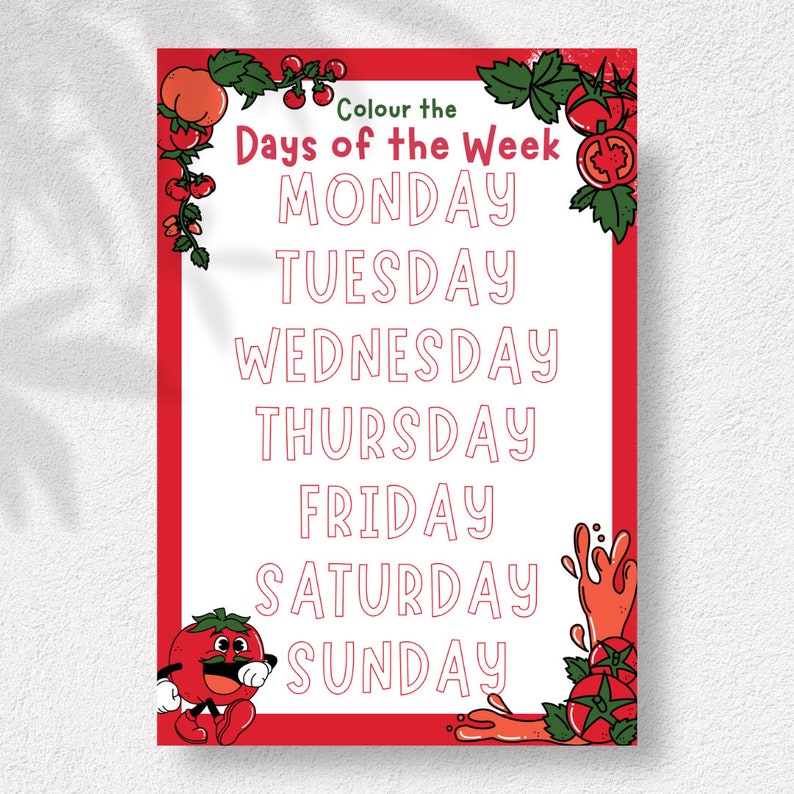 Tomato Themed - Days of the Week Coloring Page - Printable Worksheet ...
