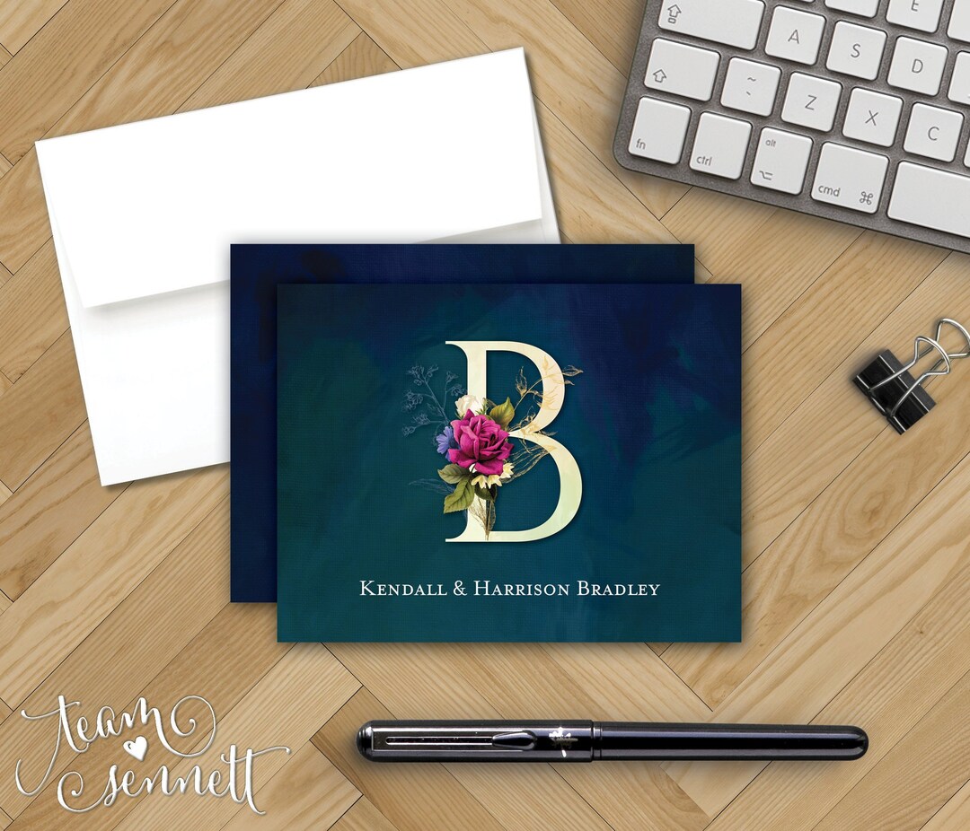 Rose Bouquet Monogram Folded Note Cards - Dark Floral Personalized Note ...