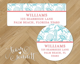 Return Address Labels, Personalized Round Address Stickers, Seashell ...