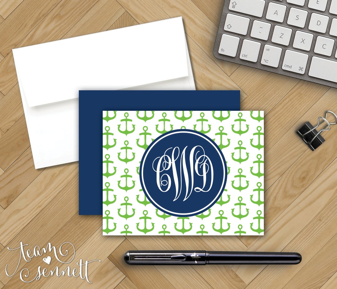 Anchor Monogrammed Notecards Personalized Nautical Stationery Folded ...