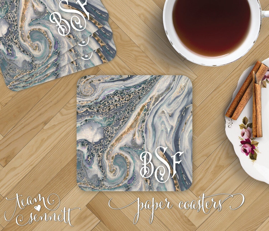 Ocean Marble Paper Coasters - Personalized Blue & Gray Disposable Drink ...