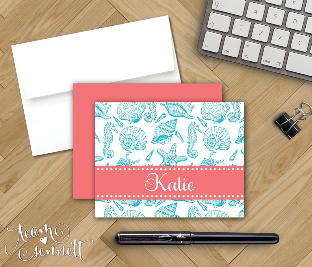 Seashell Monogrammed Notecards Coastal Personalized Note - Etsy