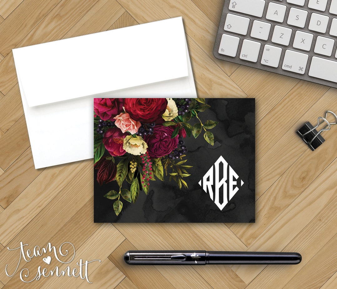Renaissance Monogrammed Folded Note Cards - Red Rose Bouquet Foldover ...