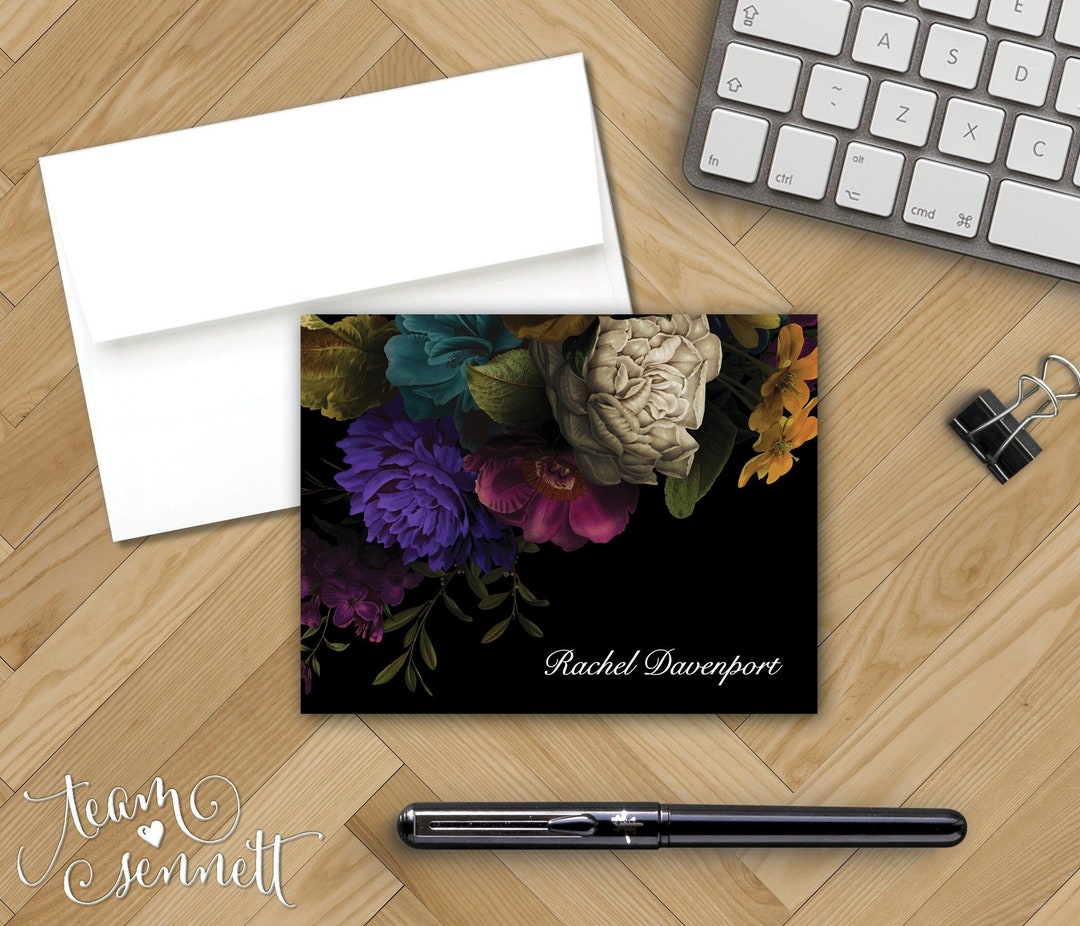 Baroque Personalized Folded Note Cards Dark Floral Monogrammed Note ...