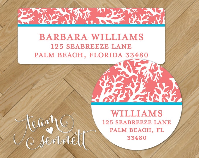 Beach Return Address Label, Coral Return Address Labels, Beach Address ...
