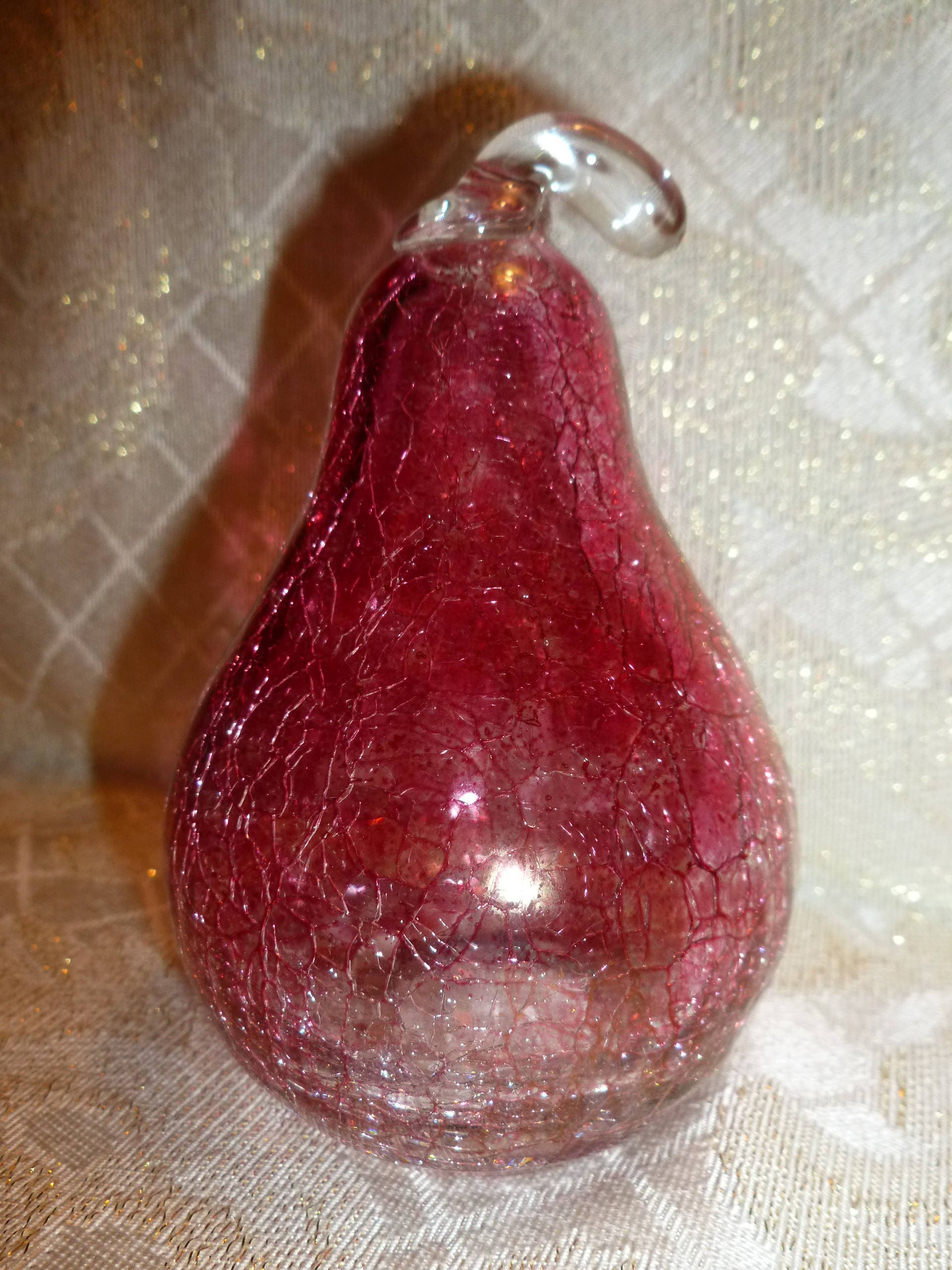 Blenko Crackle Glass Handmade Art Glass Pear Stained Red Color ...